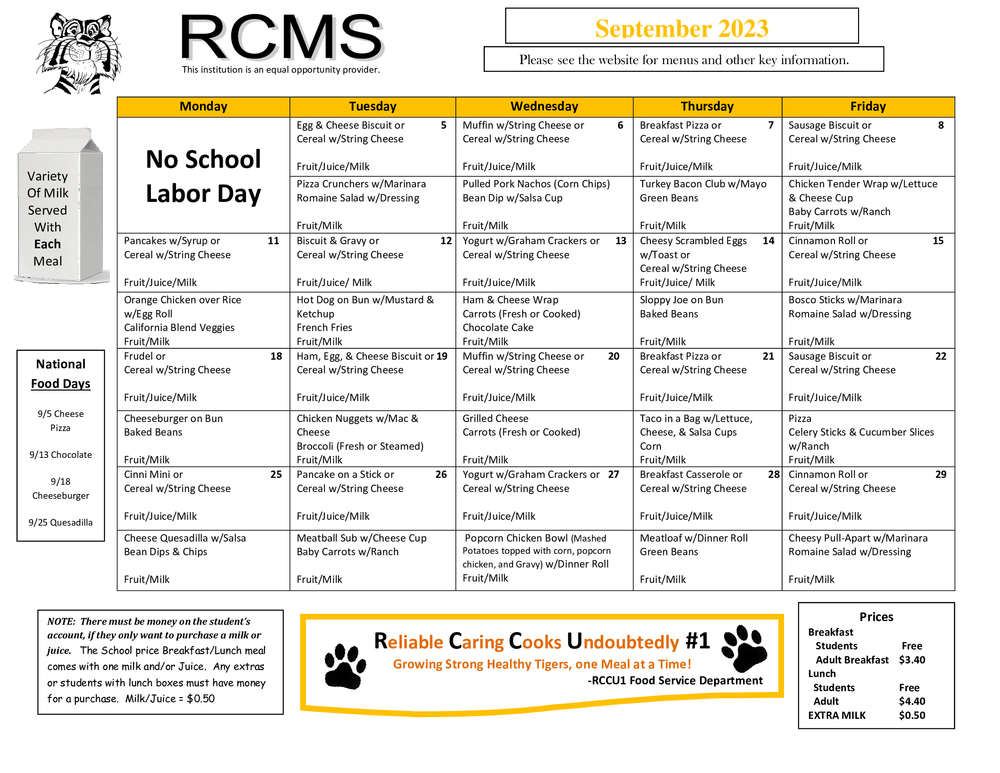 RCMS Sept 2023 Menu | Richland County Middle School